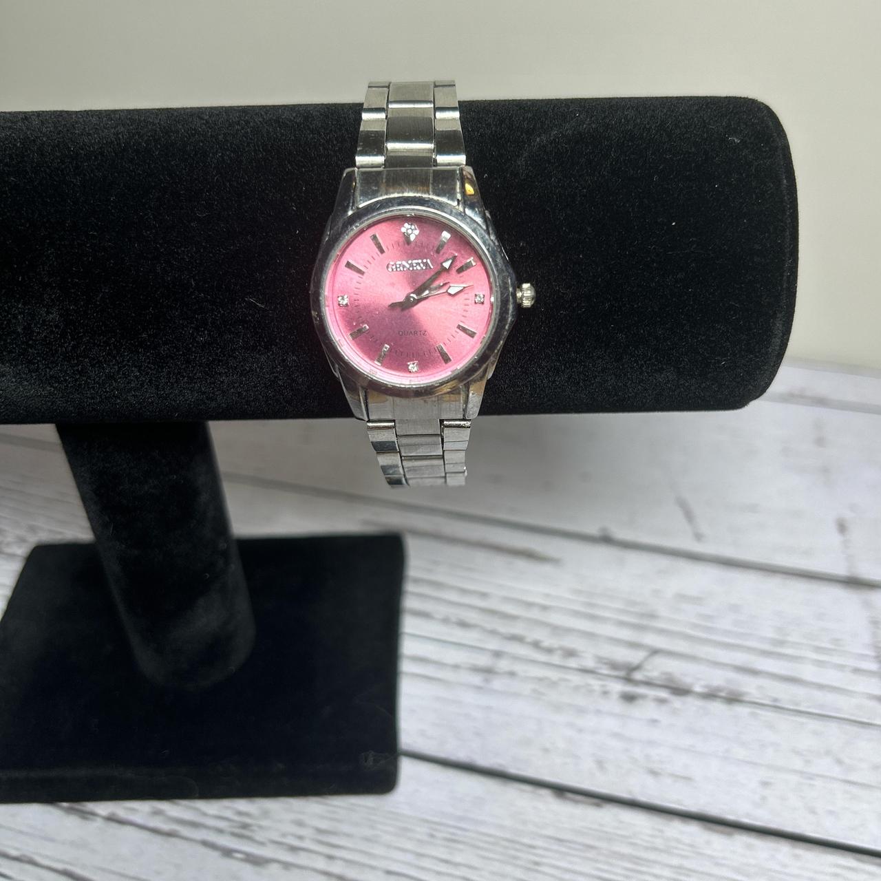 Silver tone Geneva watch with pink face - watch... - Depop
