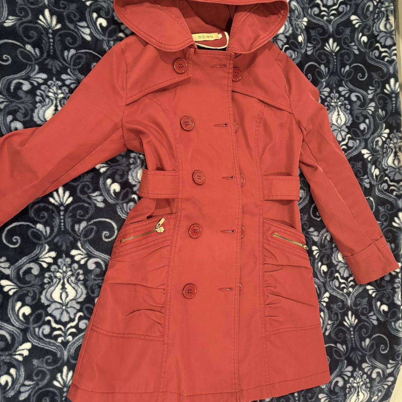 천의 부적 red trench/rain coat - Depop