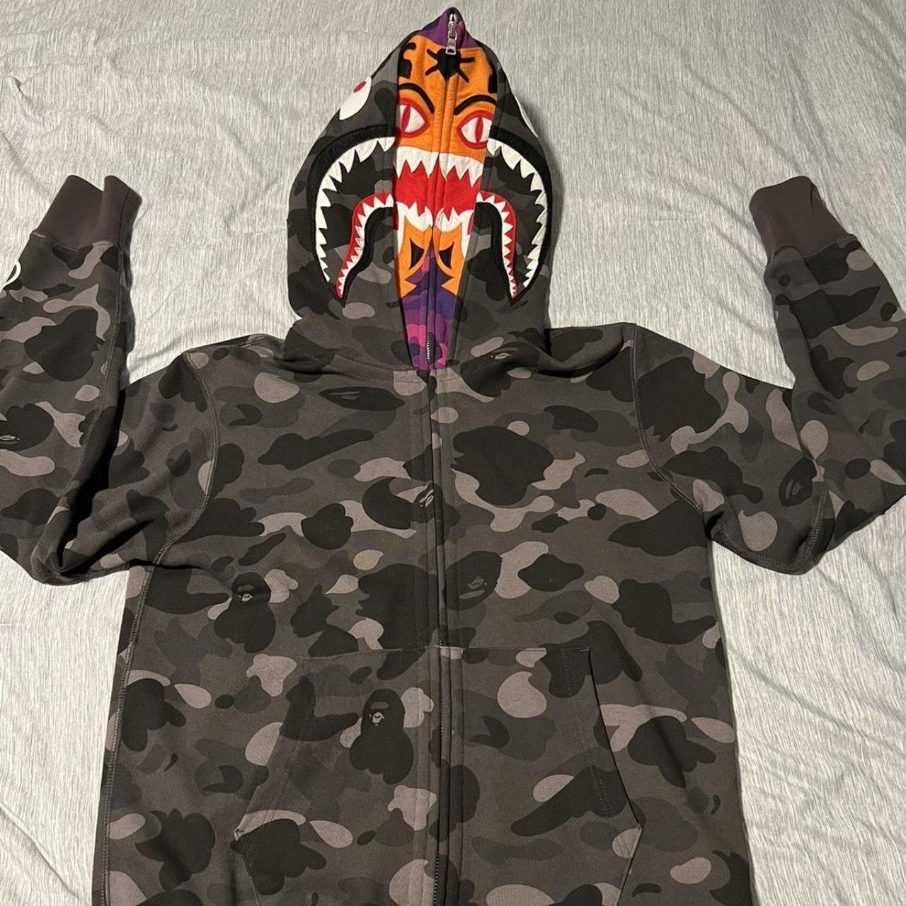 BAPE Camo Double Hood Tiger Shark Wide Full Zip... | Depop