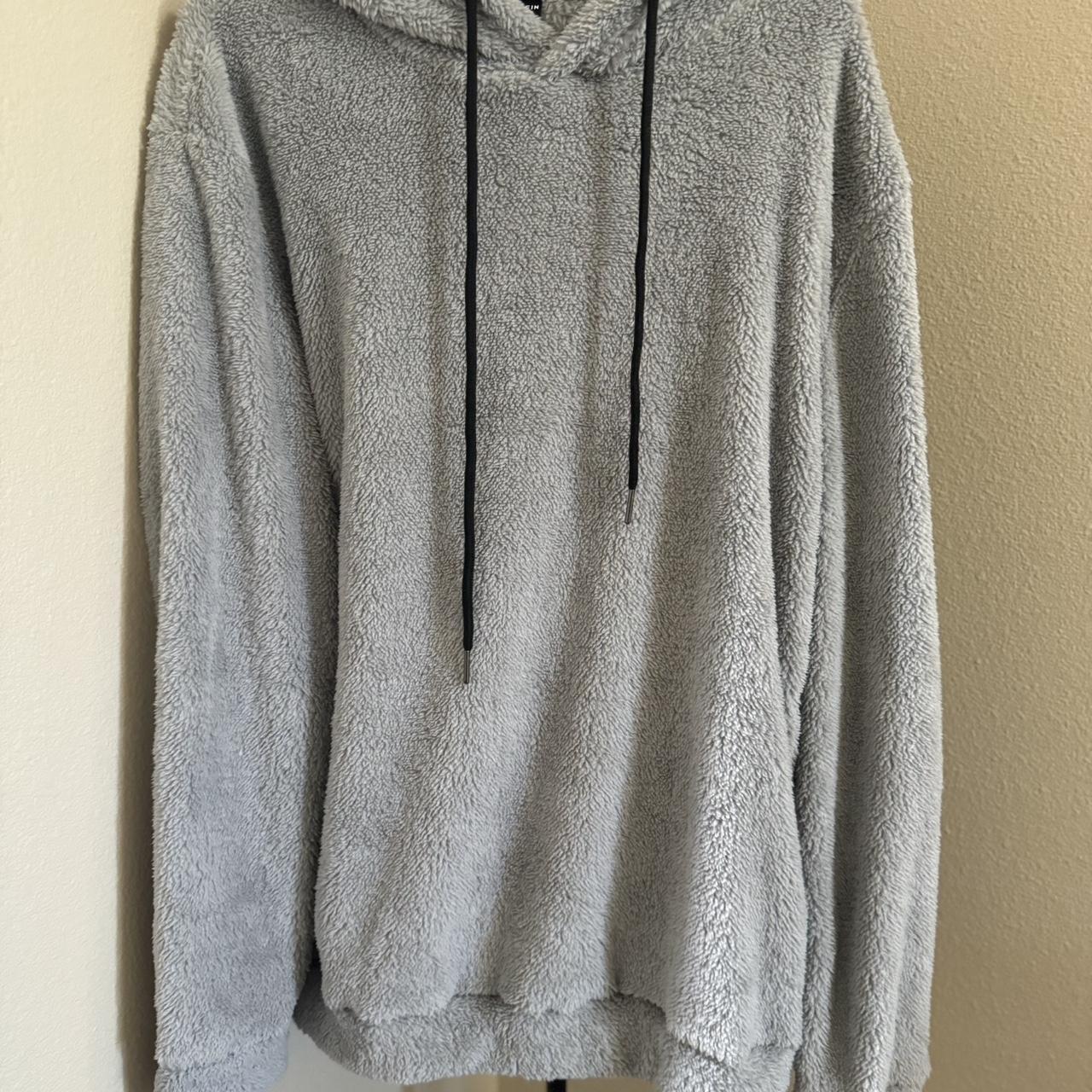Grey fuzzy hoodie men’s teddy sweatshirt - Depop
