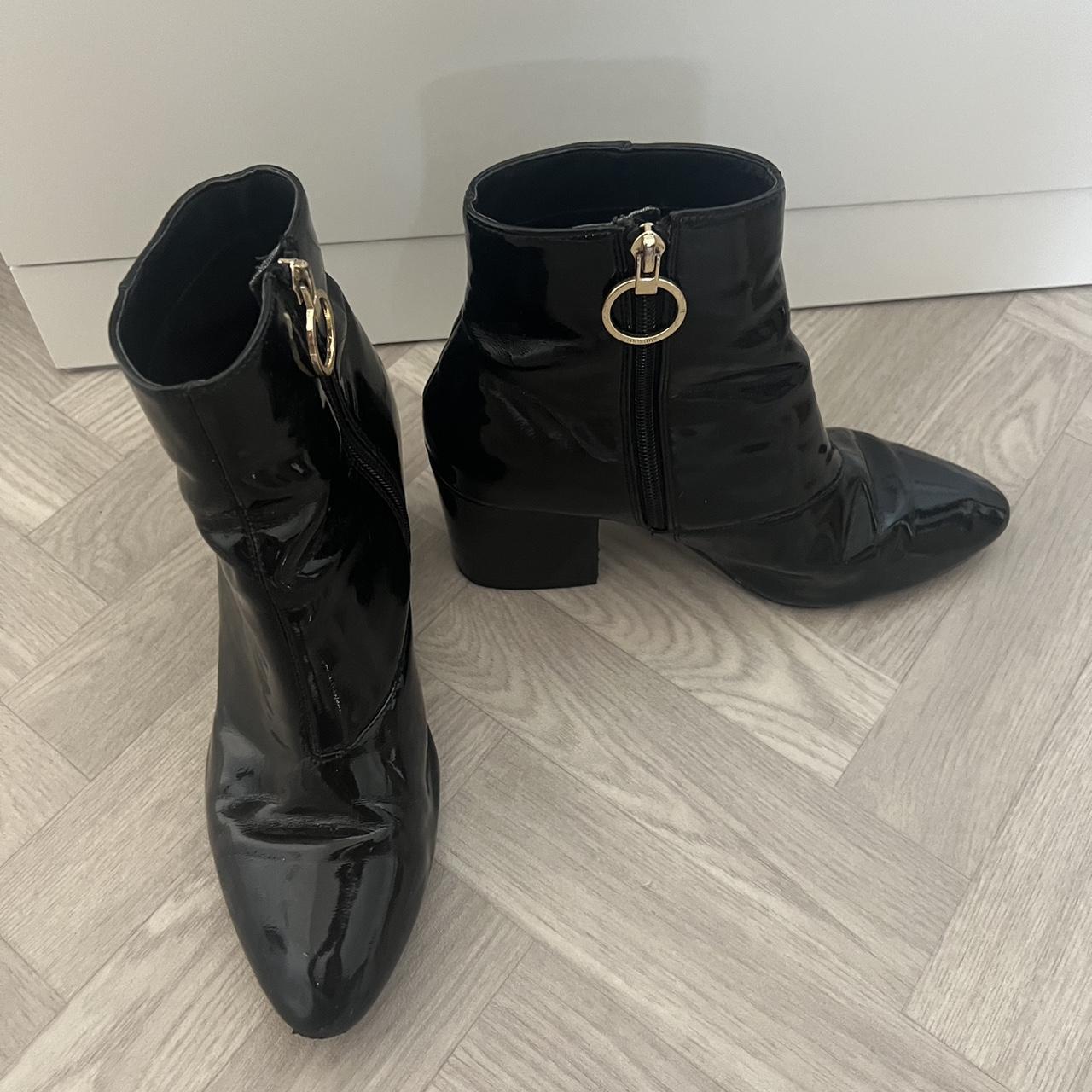 Topshop shiny patent block heel black ankle boot... - Depop