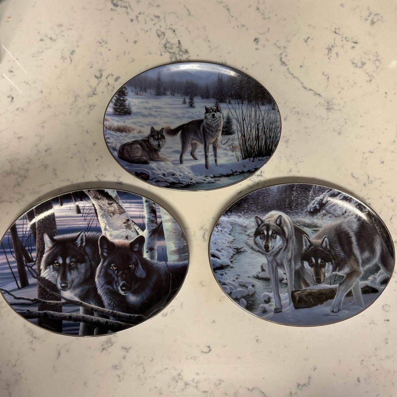 Set of 3 vintage 1990s wolf collectors plates, in... - Depop