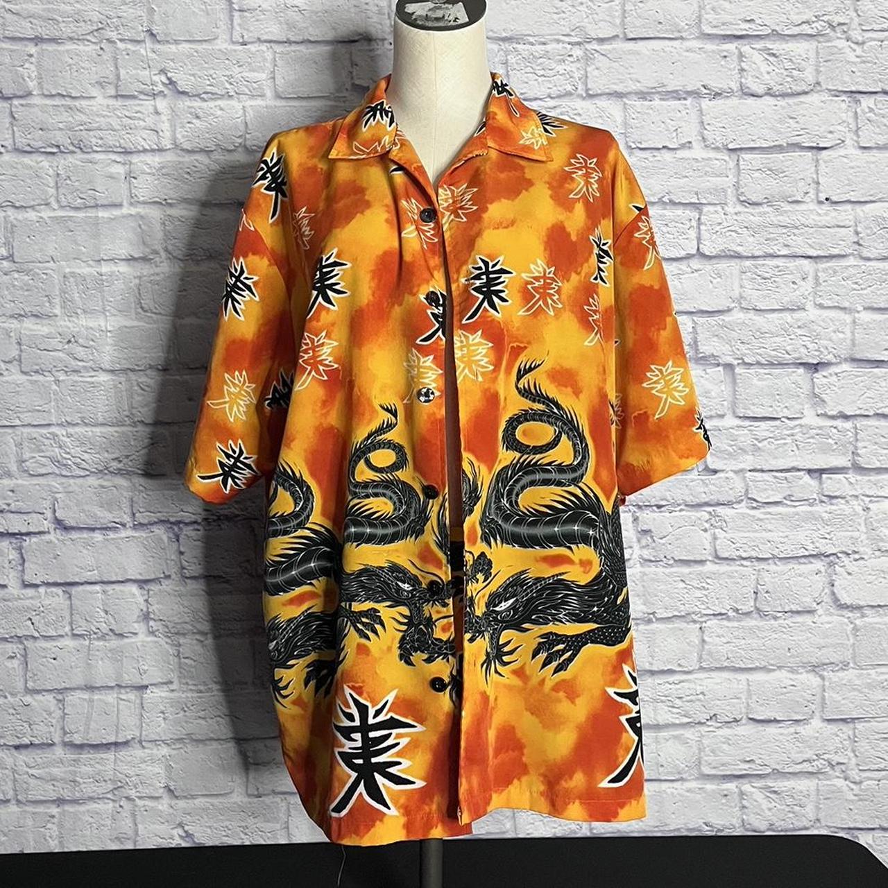 Year Of The Dragon Button Up Orange & Black Dragon... - Depop