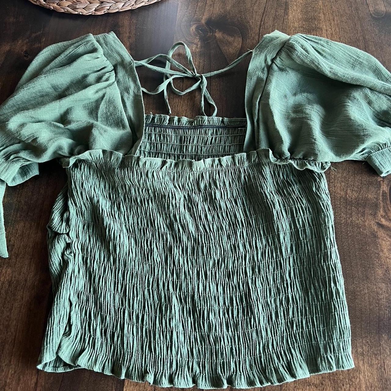 green meraki textured crop top with puffy... | Depop