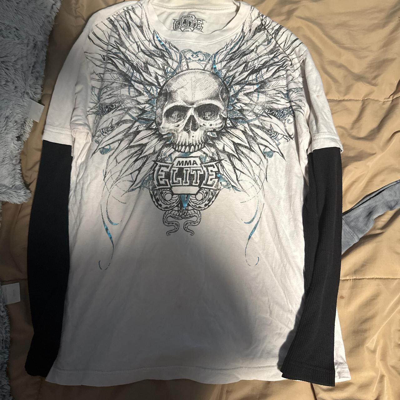 White and black MMA Elite long sleeve shirt Size... - Depop