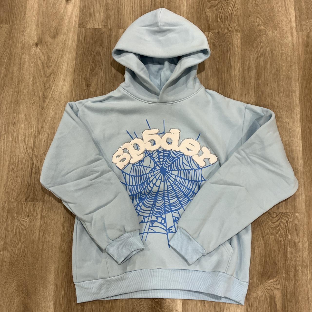 Sp5der OG Web Sky Blue Rhinestone Hoodie - Size... | Depop