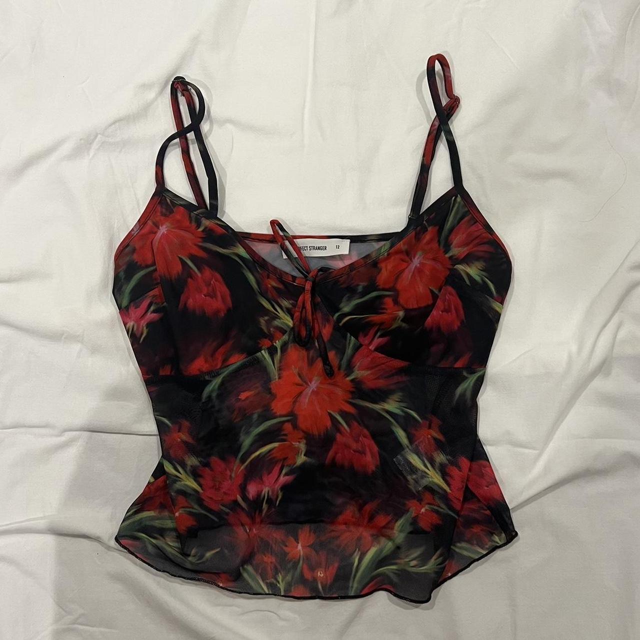 Perfect Stranger Red Floral Mesh Top RRP: $50 Size... - Depop