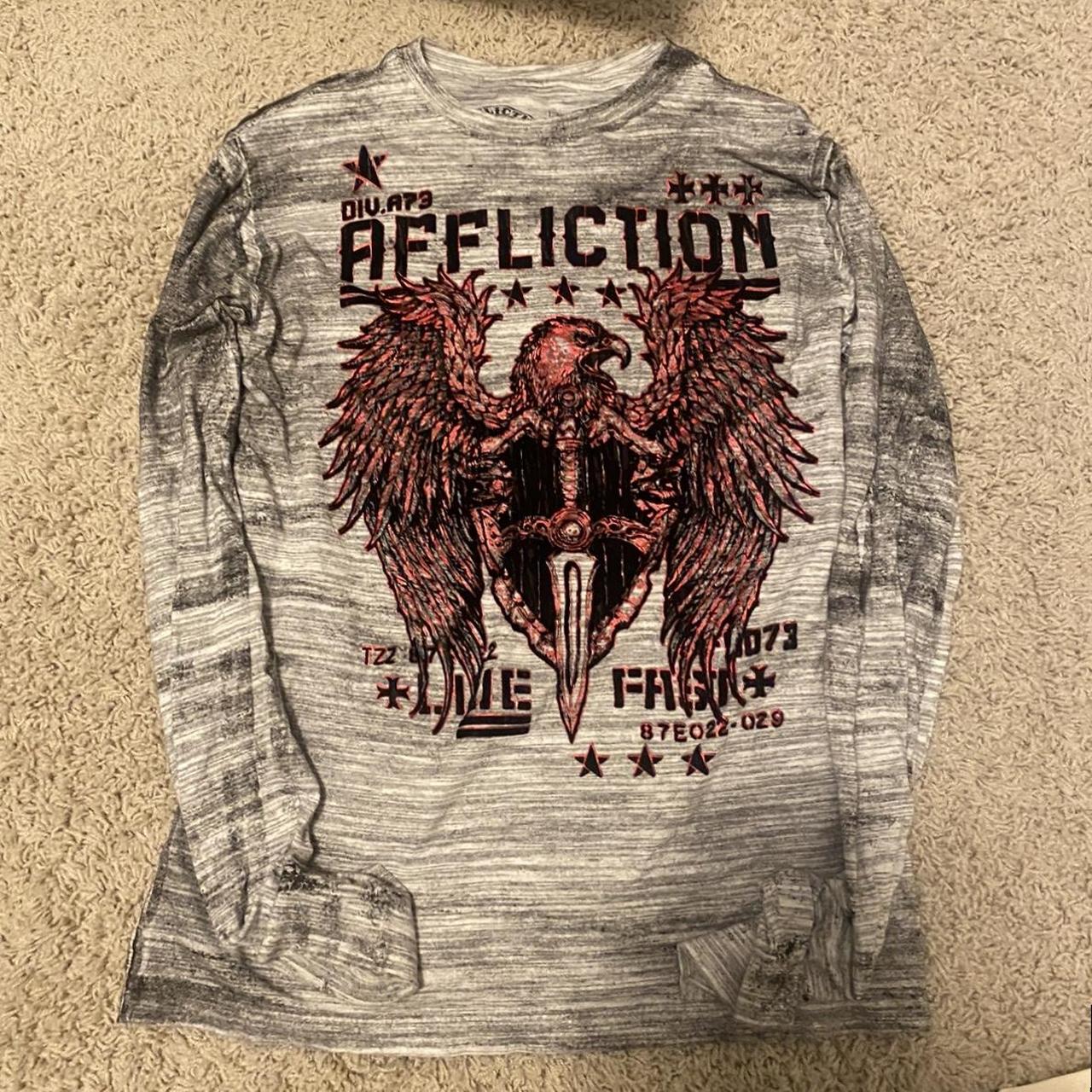 affliction grey and hot pink colored shirt eagle... - Depop