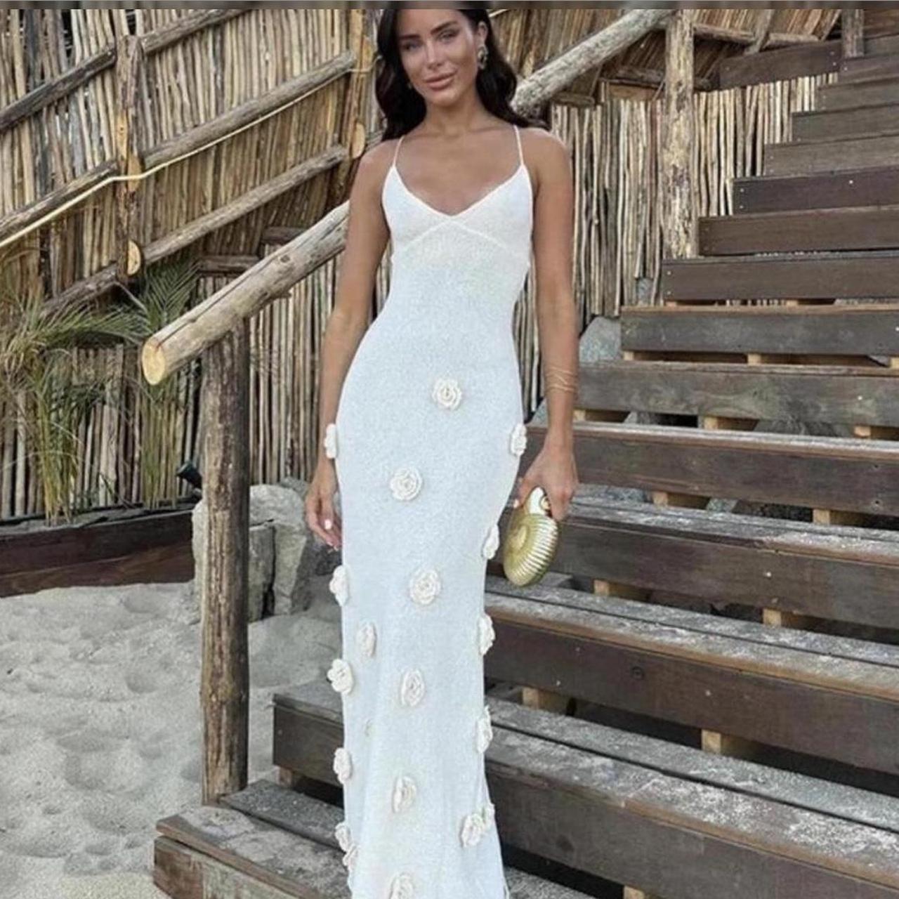 Cream maxi dress with floral embellished Size... - Depop