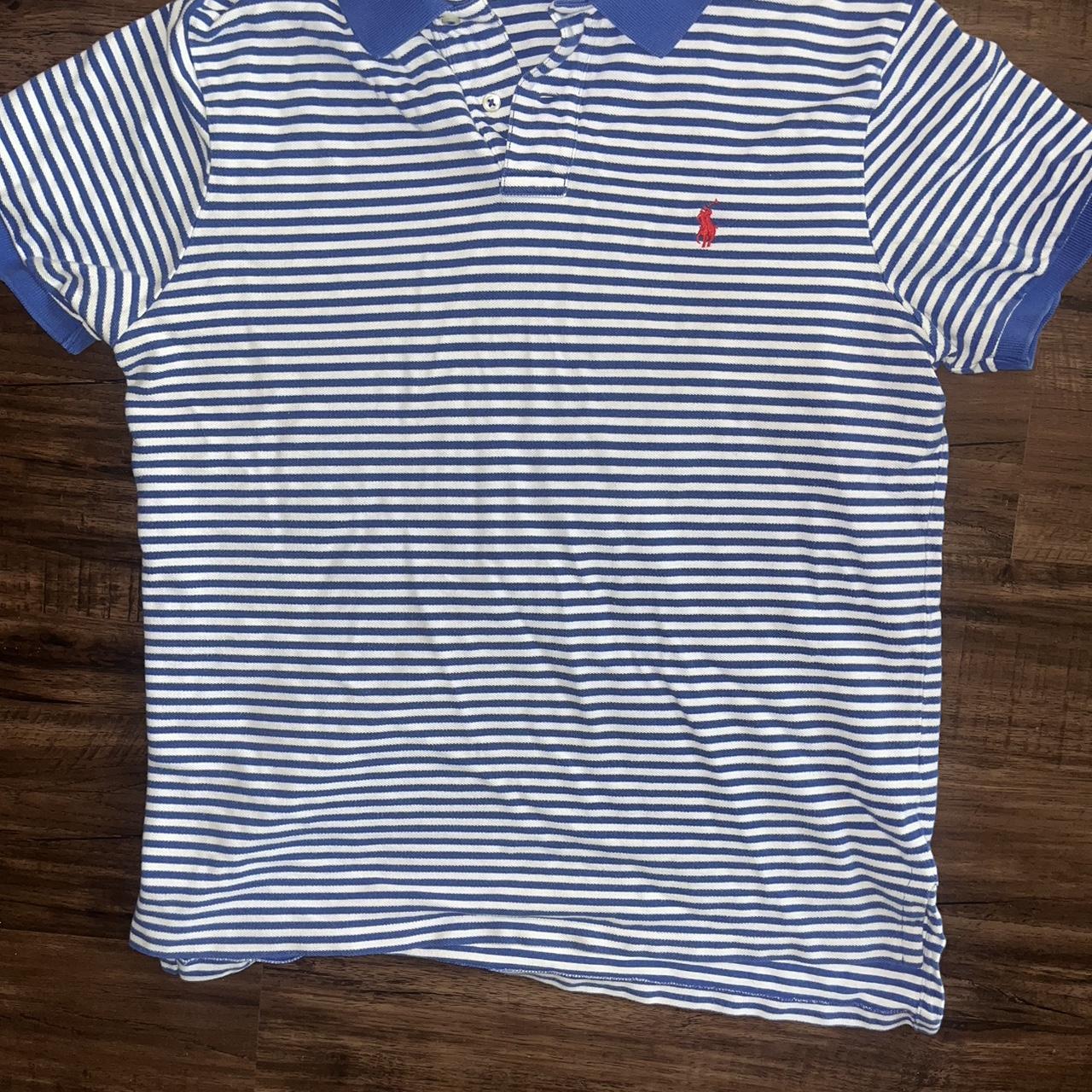 Blue and white striped, custom fit Polo by Ralph... - Depop