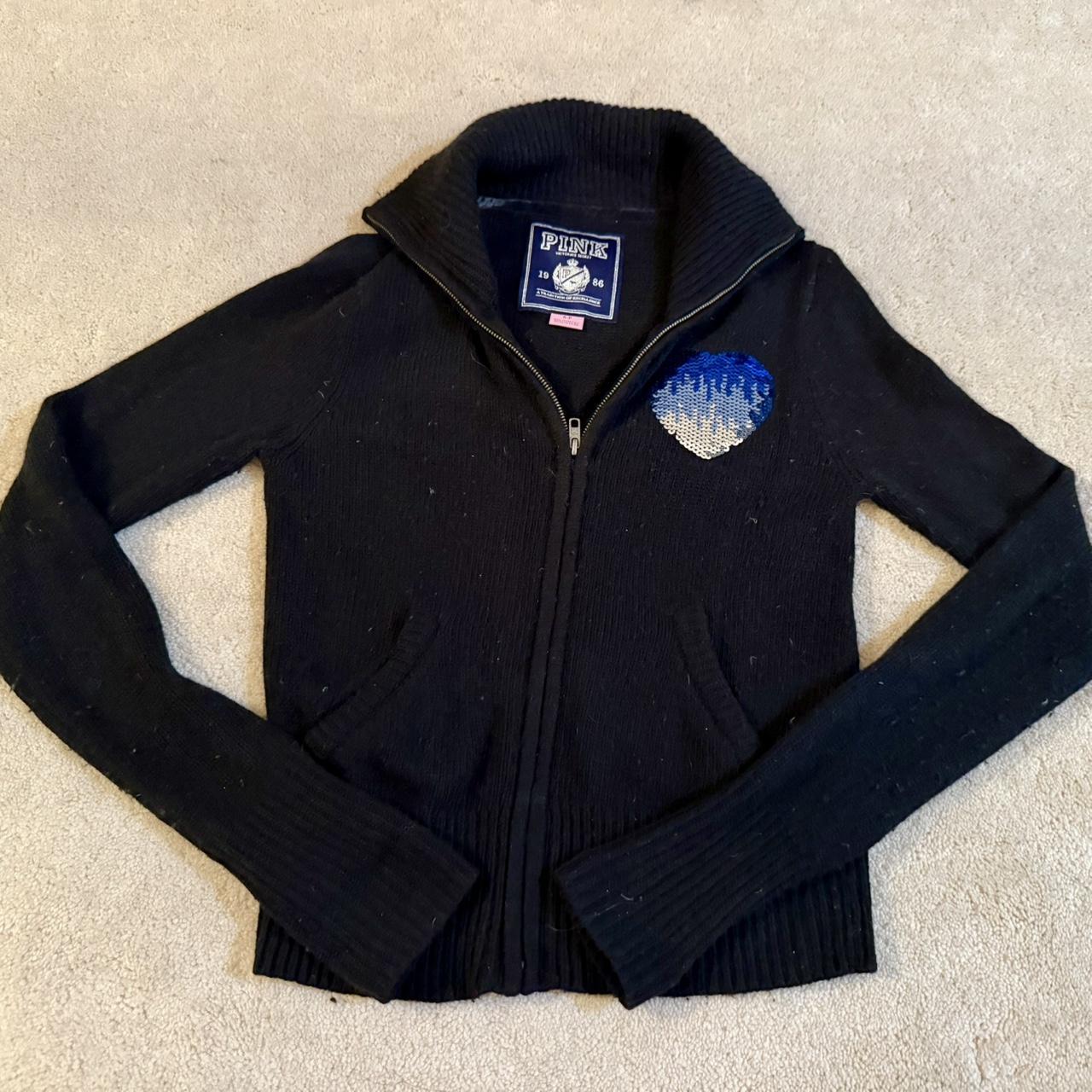 Pink by Victoria’s Secret blue sequin heart zip up... | Depop