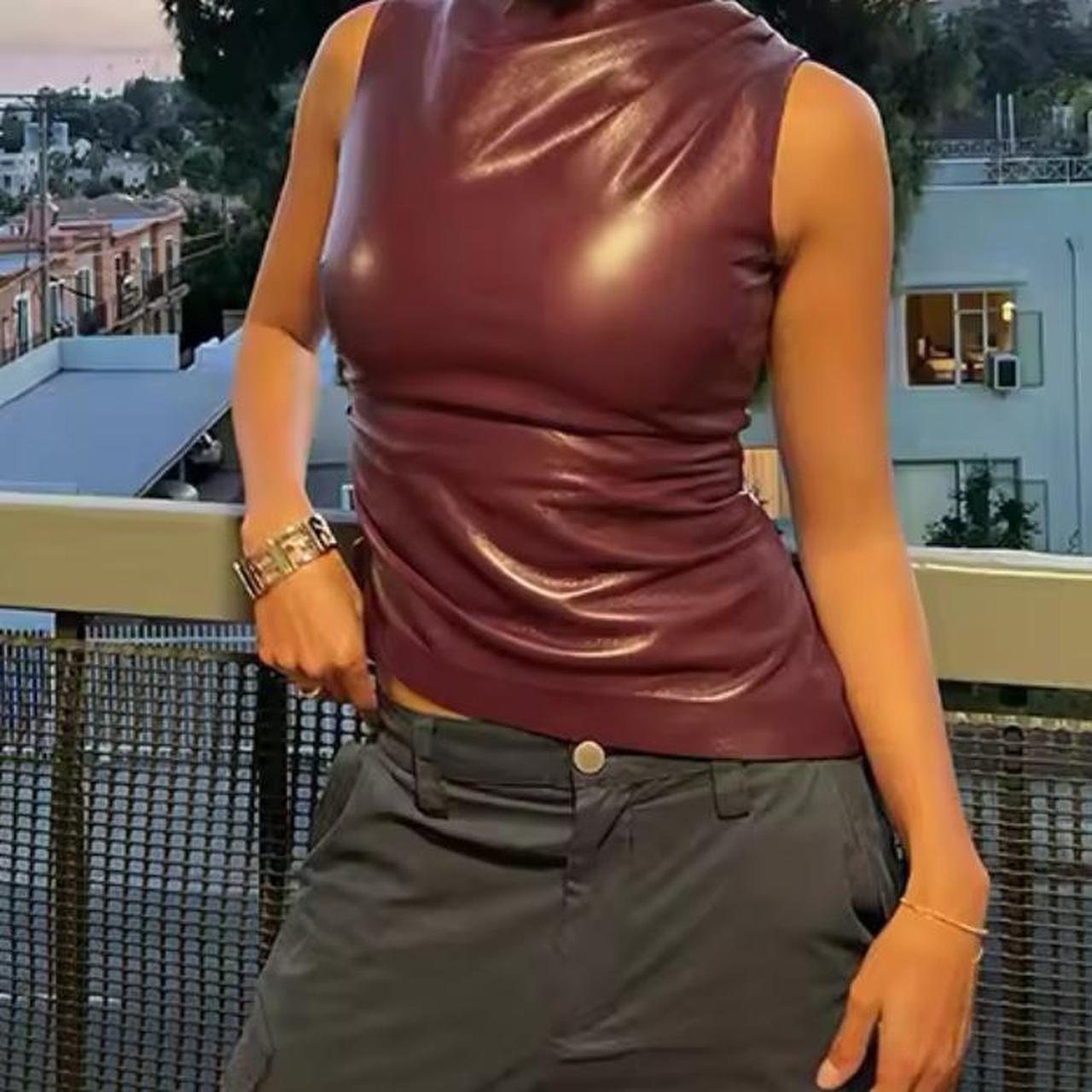 Wine red high neck leather top. Slash Cut never... | Depop