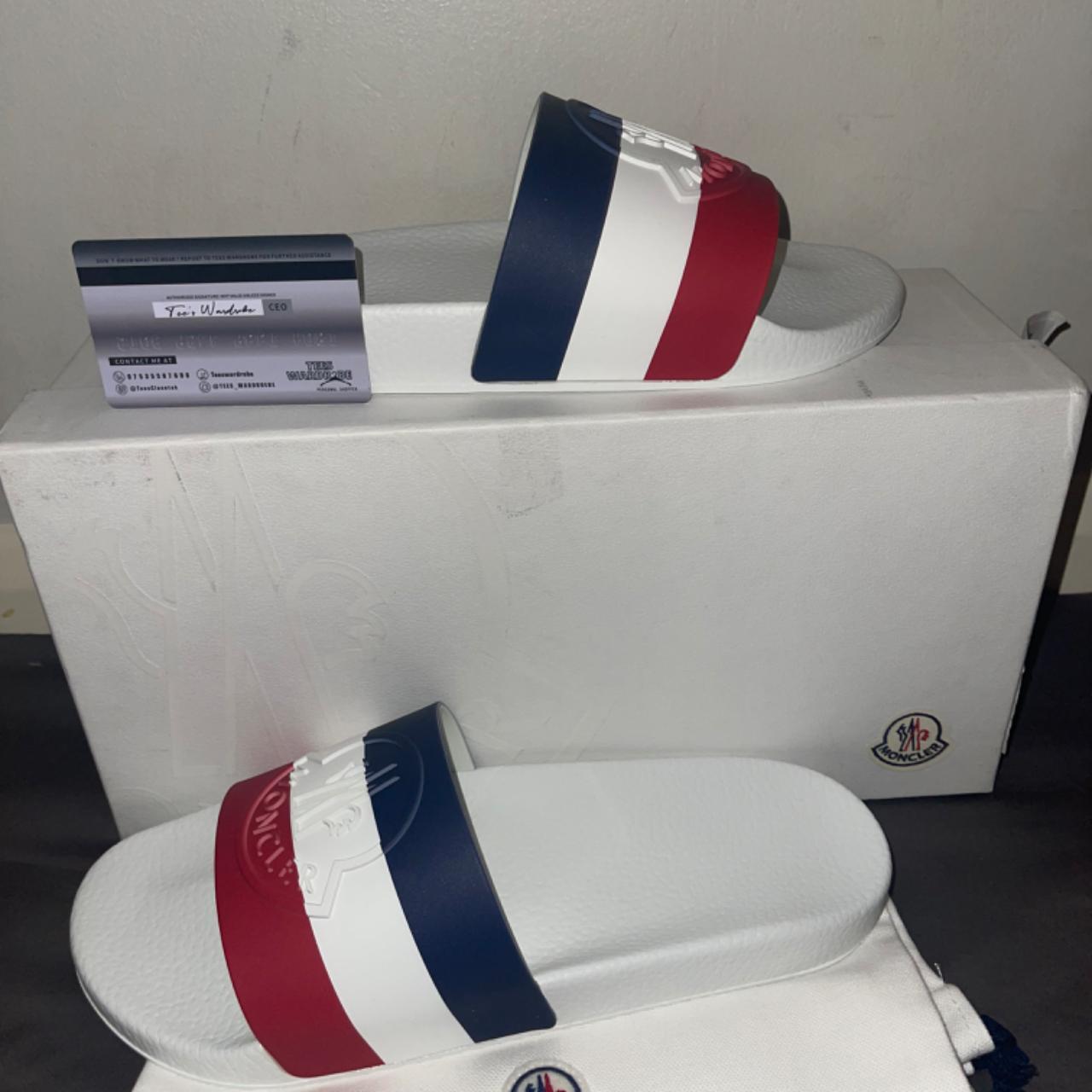 Hello selling Moncler slides Colour: Blue &... | Depop