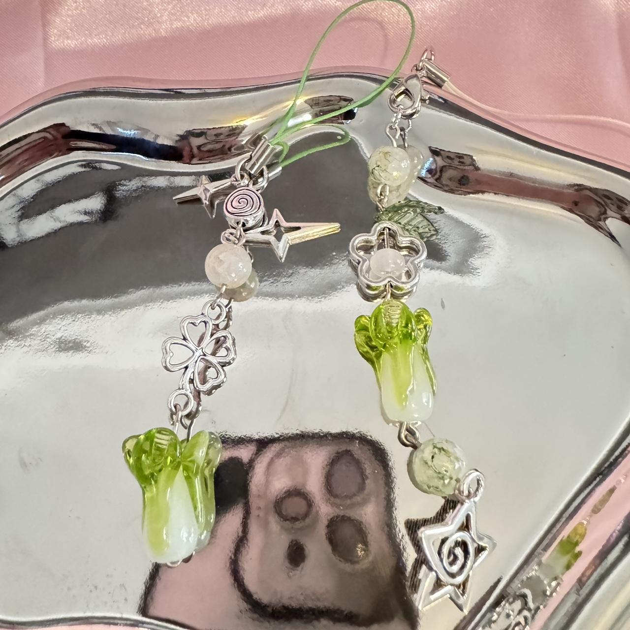 (Including both)Glass Green leek phone charm silver... | Depop