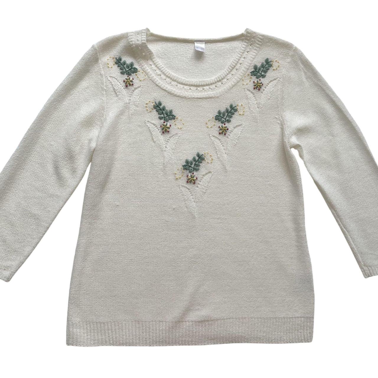 Vintage Cream 1990s Floral Sweater with Leaf and... - Depop
