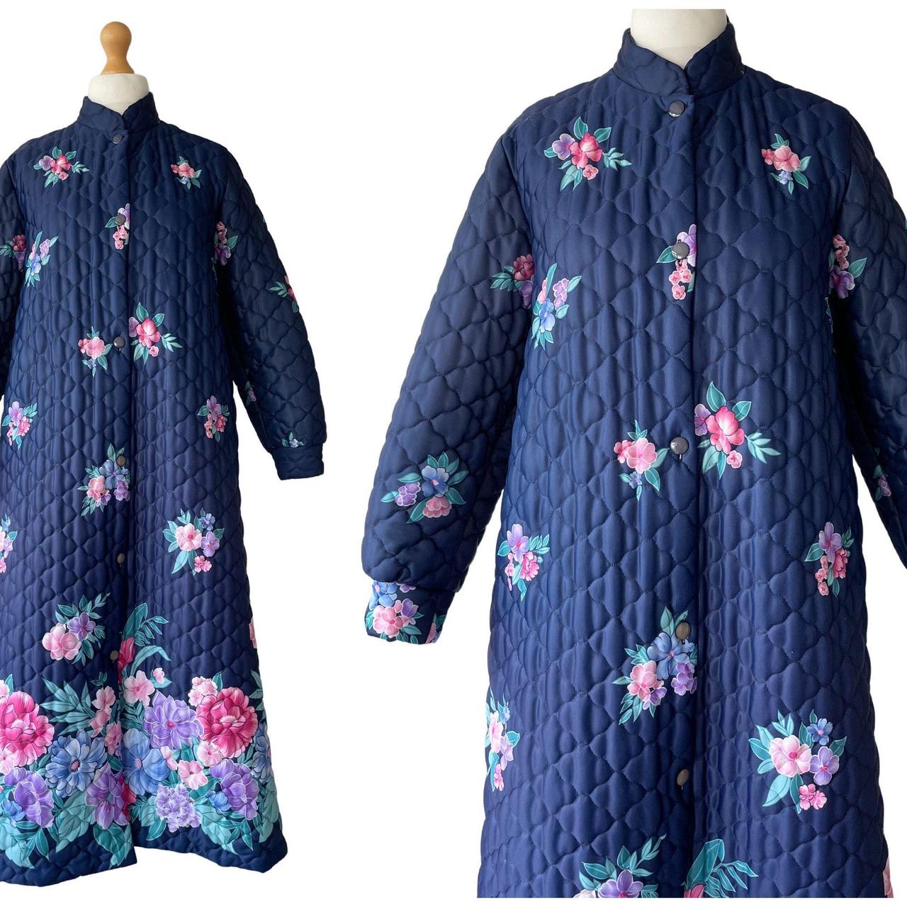 Vintage Quilted Robe Navy with Floral Details... - Depop
