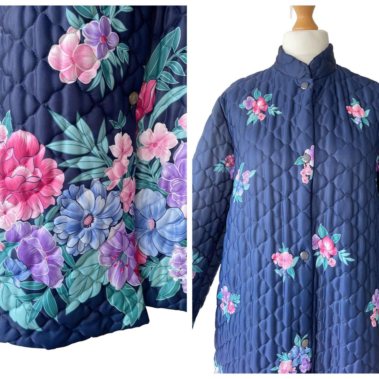 Vintage Quilted Robe Navy with Floral Details... - Depop