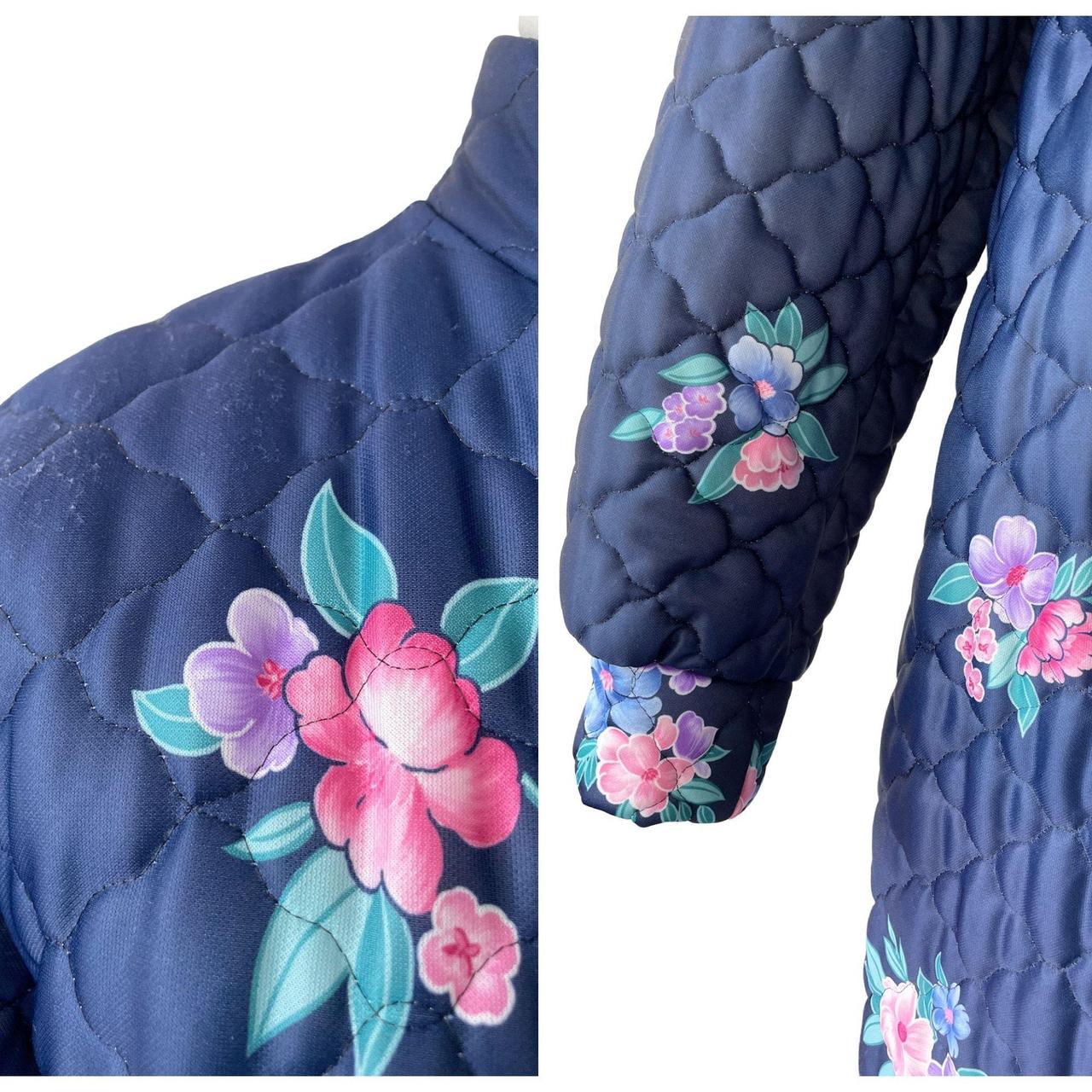 Vintage Quilted Robe Navy with Floral Details... - Depop