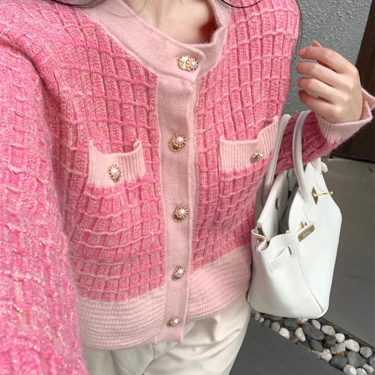 Pink preppy cardigan pearl detail buttons functional... - Depop