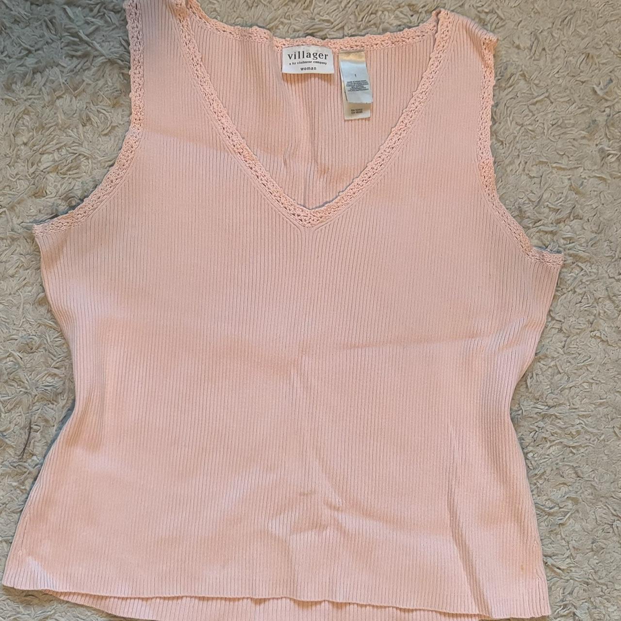 Light pink ribbed tank top with scalloped lace... | Depop