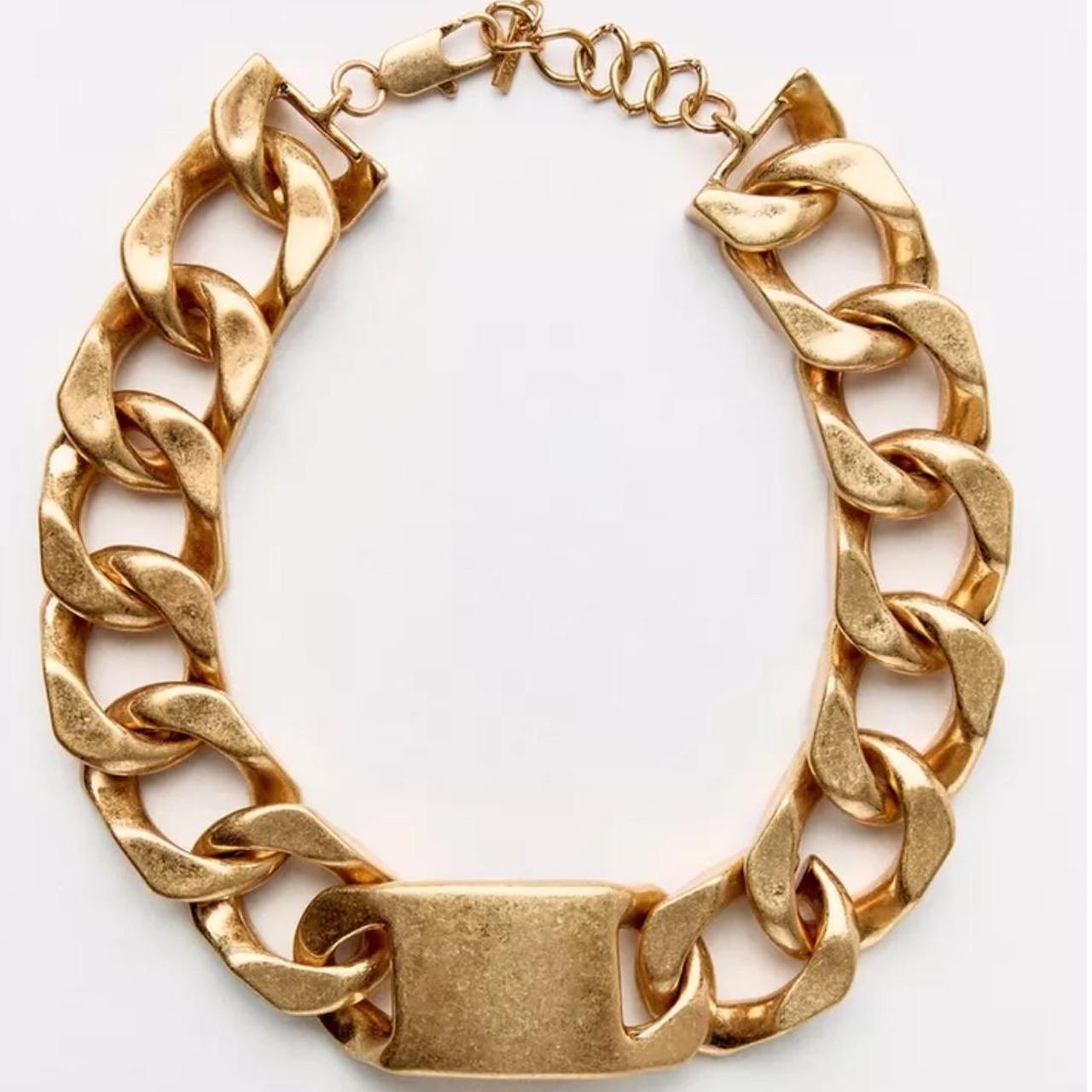 Zara Gold chunky chain necklace with square pendant... | Depop