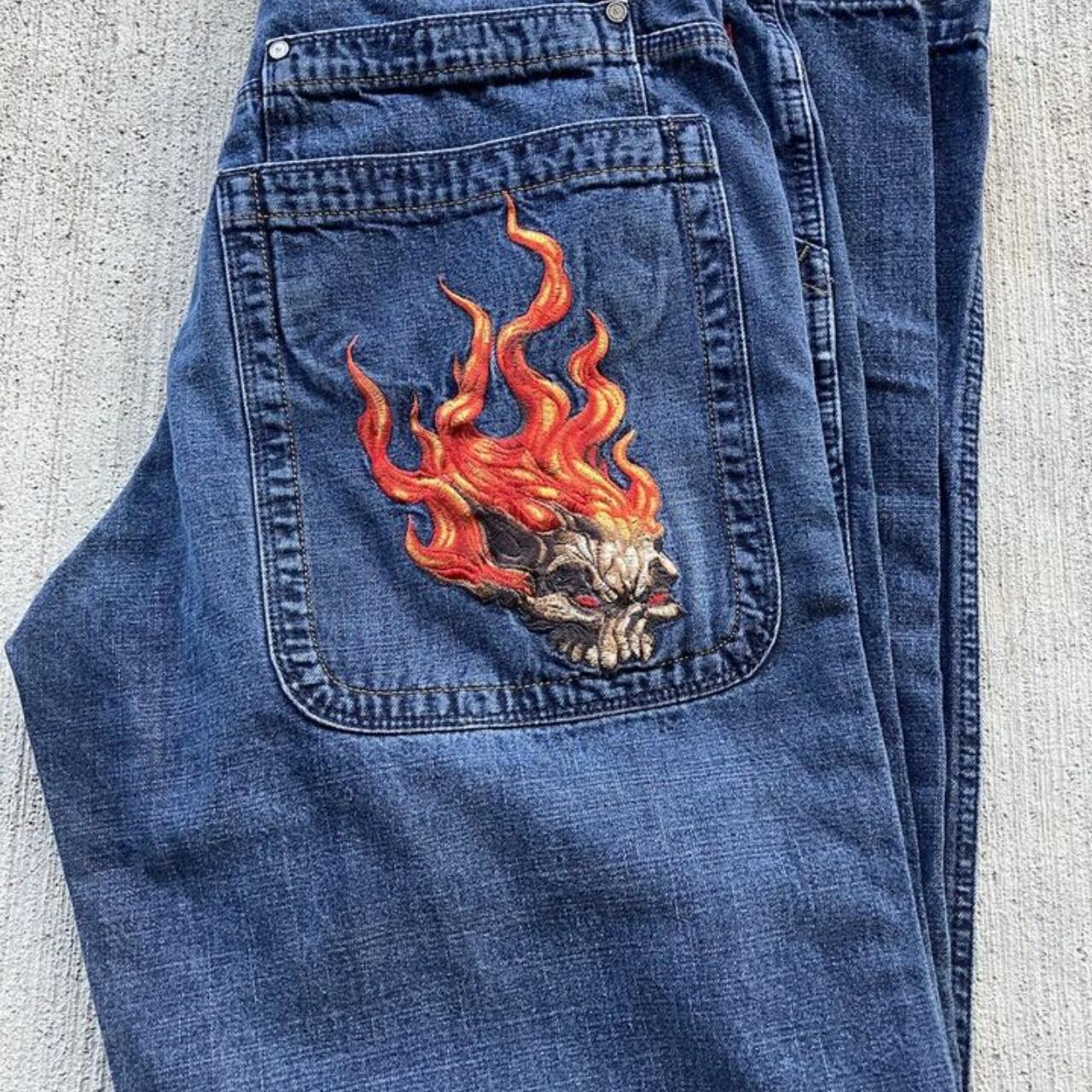 Vintage 90s JNCO Fire skull Baggy Jeans - Depop