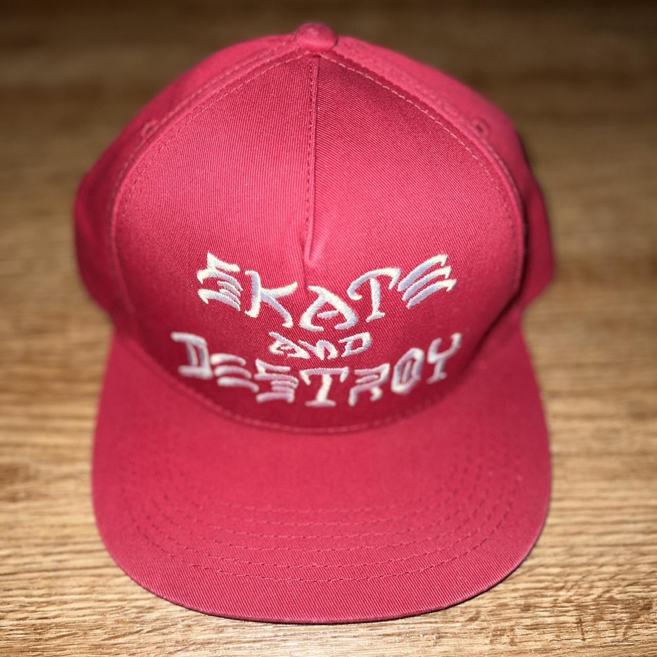Red and white Skate and Destroy Thrasher snapback... - Depop