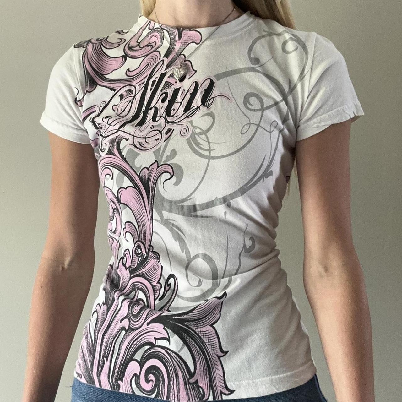 Y2k White & Pink Mcbling Affliction Graphic Short... - Depop