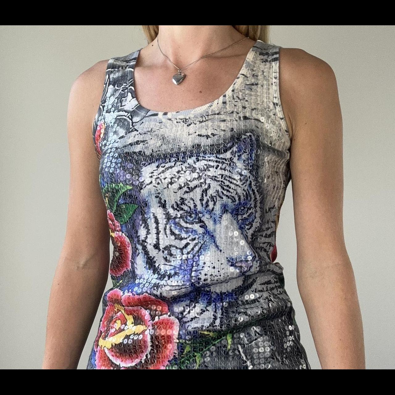 Y2k Tiger Roses Ed Hardy Inspired Sequined Mcbling... - Depop