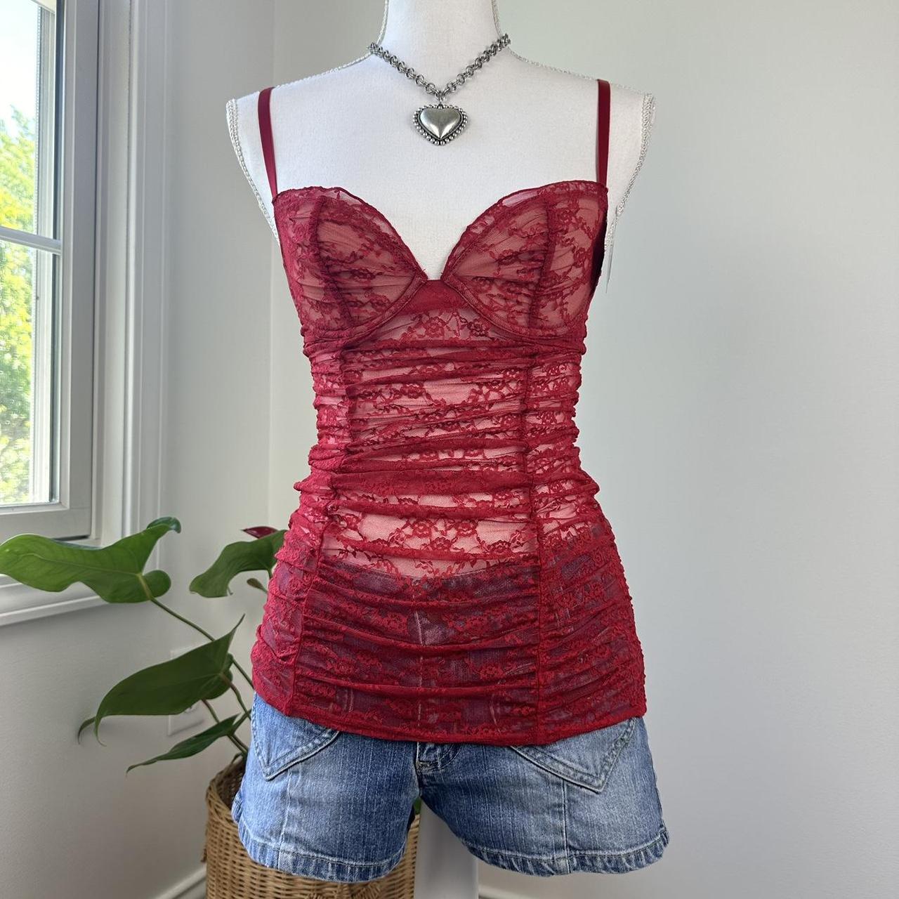 Y2k NWT Red Sheer Lace Bustier Underwired Lingerie... - Depop