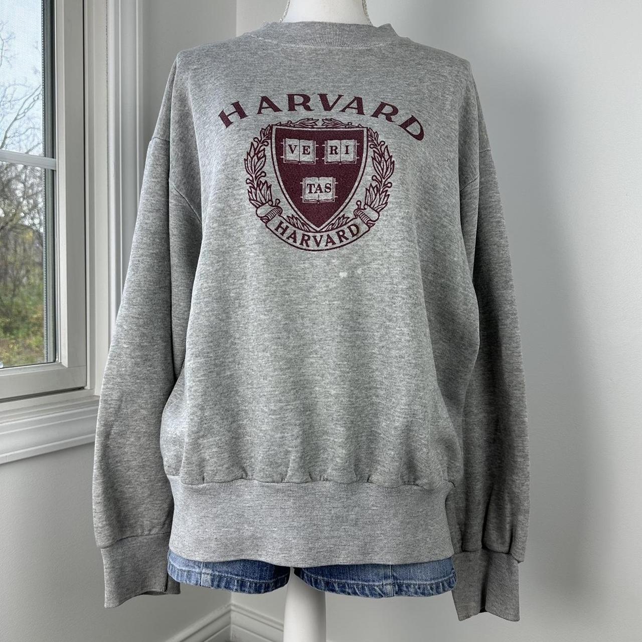 80s Heather Grey & Burgundy Harvard Graphic Long... - Depop
