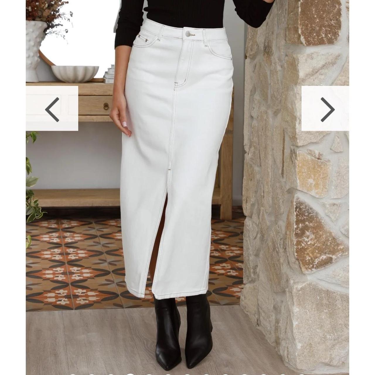 Bill J Boutique White Denim Midi Skirt size 8. Only... - Depop