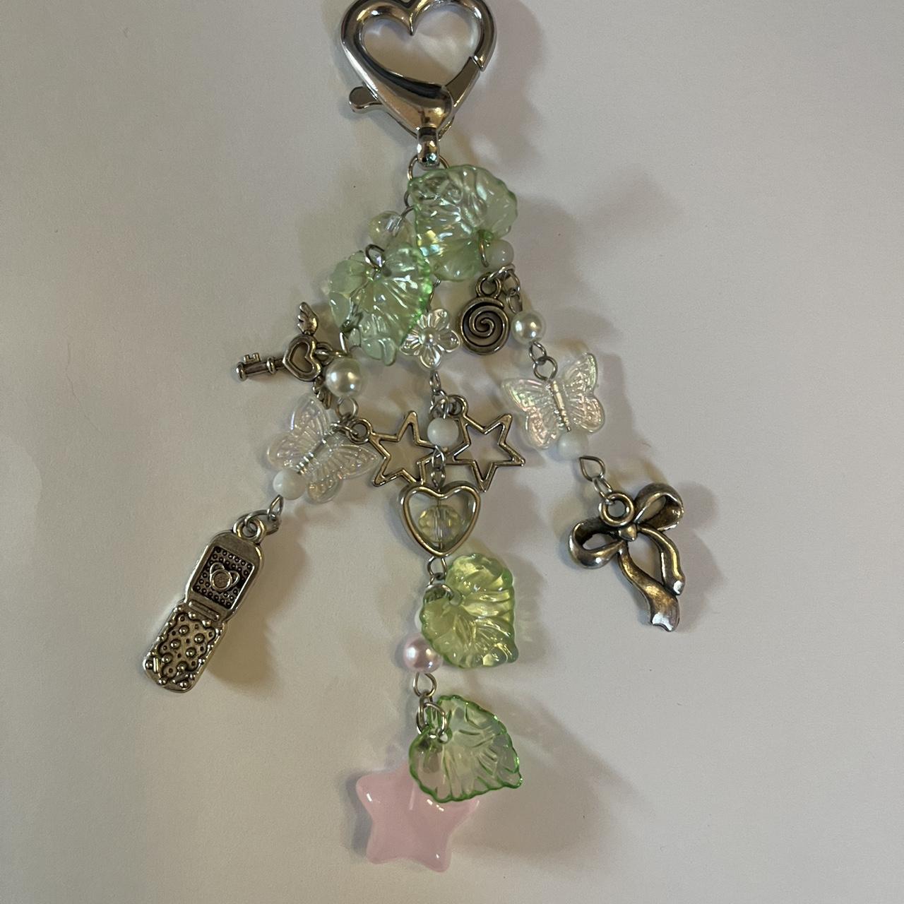 handmade pink star beaded keychain w green leaves... - Depop