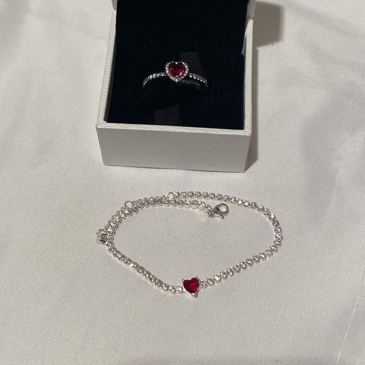 Pandora red Heart Ring with Red Heart Bracelet, 2... - Depop