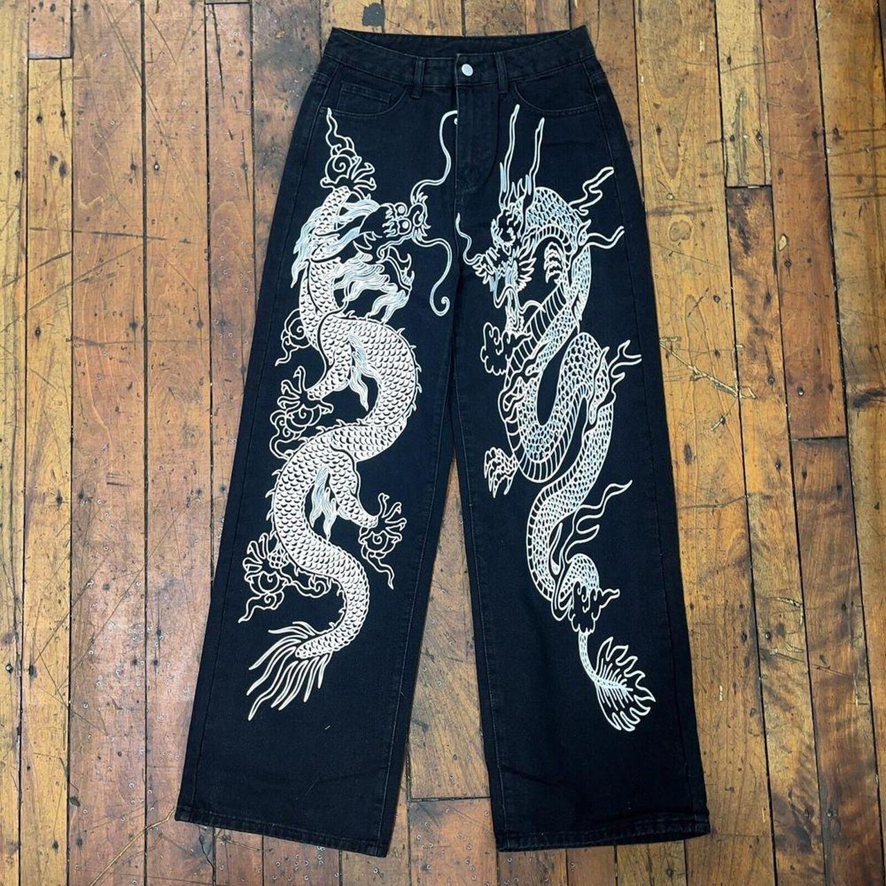 SHEIN Asian Dragon Wide Leg Denim Jeans Woman's 6... | Depop