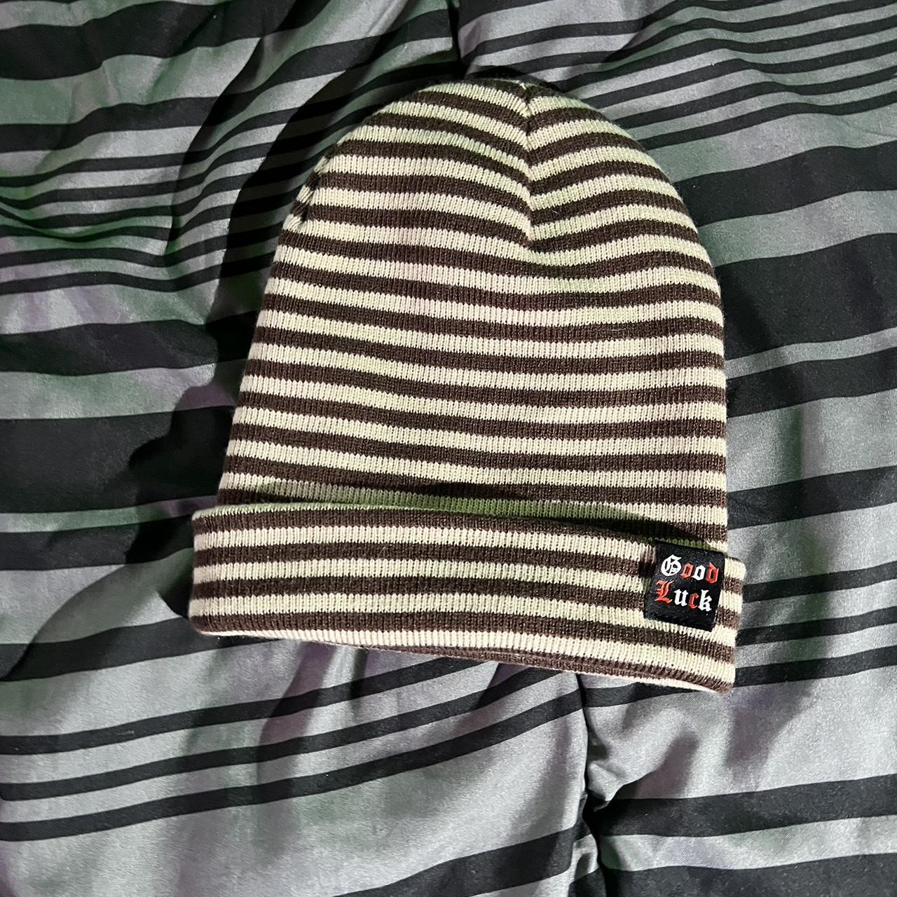 Good Luck beanie - brown and beige striped #beanie - Depop