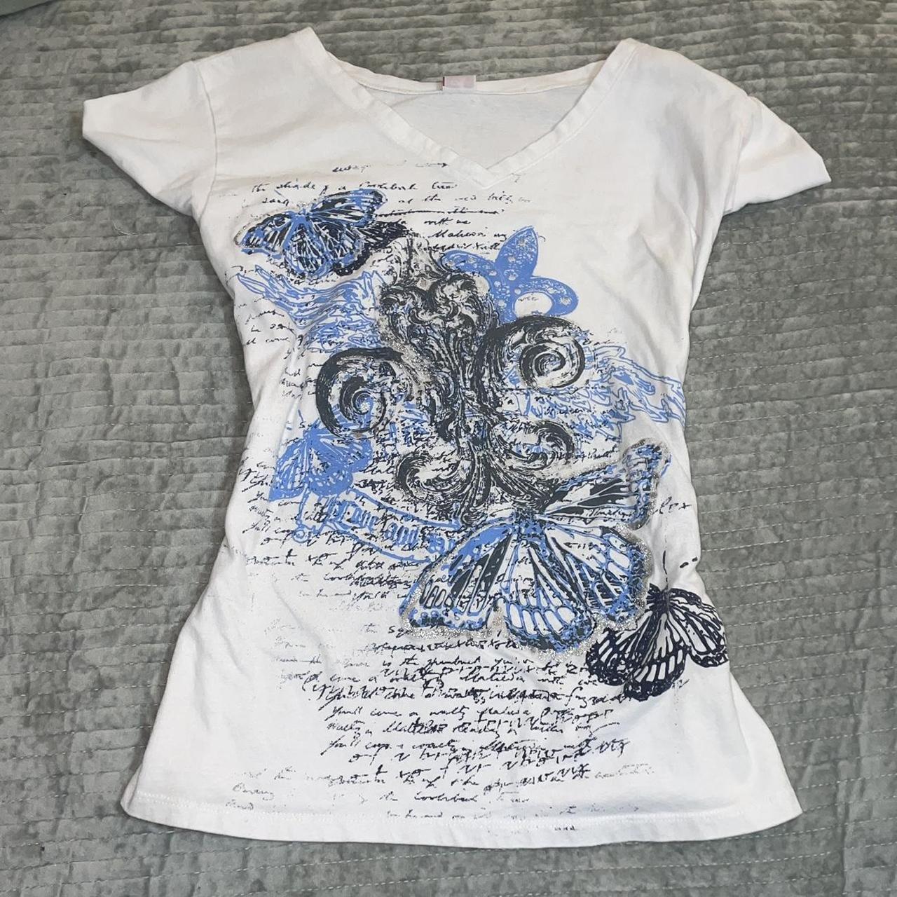 White and blue butterfly shirt. #y2k, butterfly... - Depop
