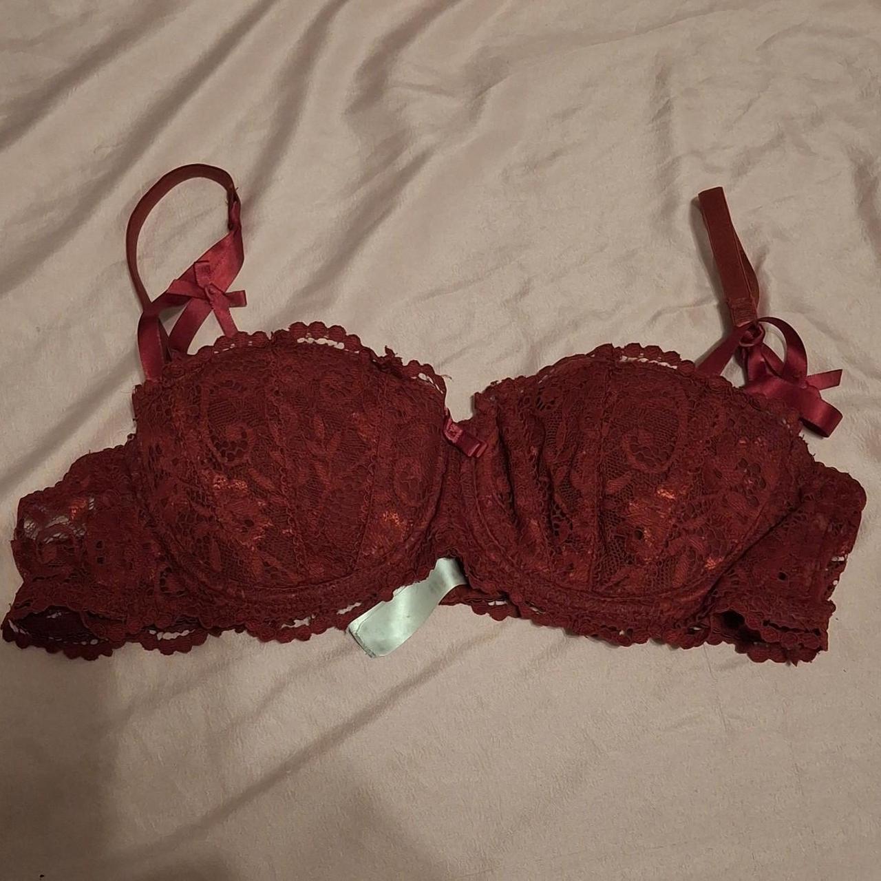 Burgundy lace balconette bra with bow detail... | Depop