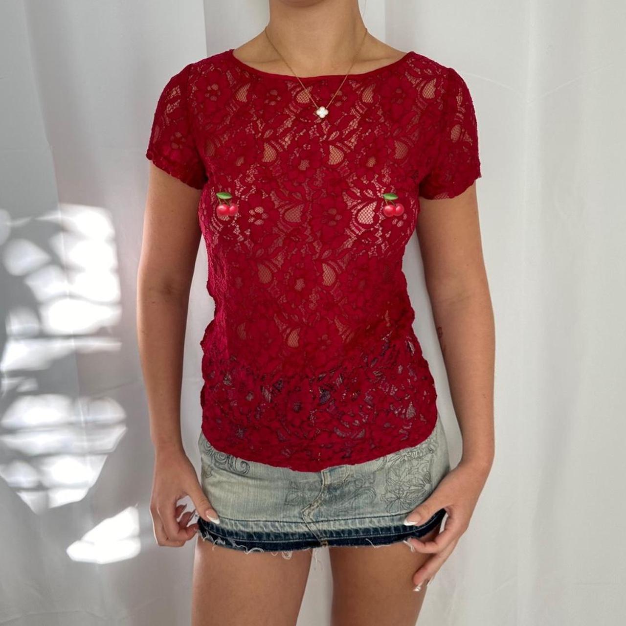 Vintage cherry red sheer lace top with short sleeves... - Depop