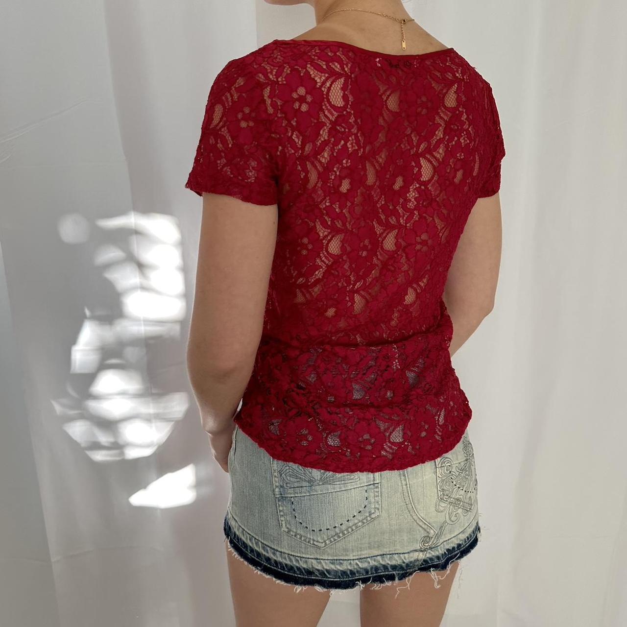 Vintage cherry red sheer lace top with short sleeves... - Depop