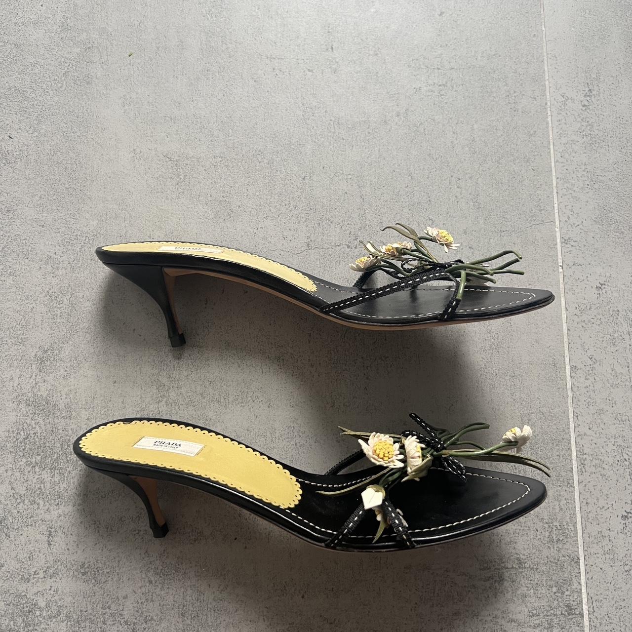 Vintage prada floral bouquet daisy kitten heel mules... - Depop
