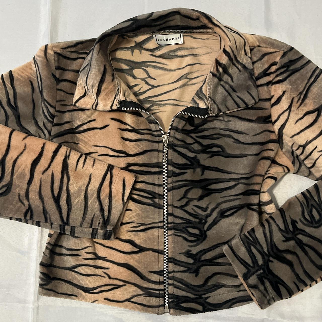 Vintage 90s Tiger Print Velvet Zip Up Top •Avant... - Depop