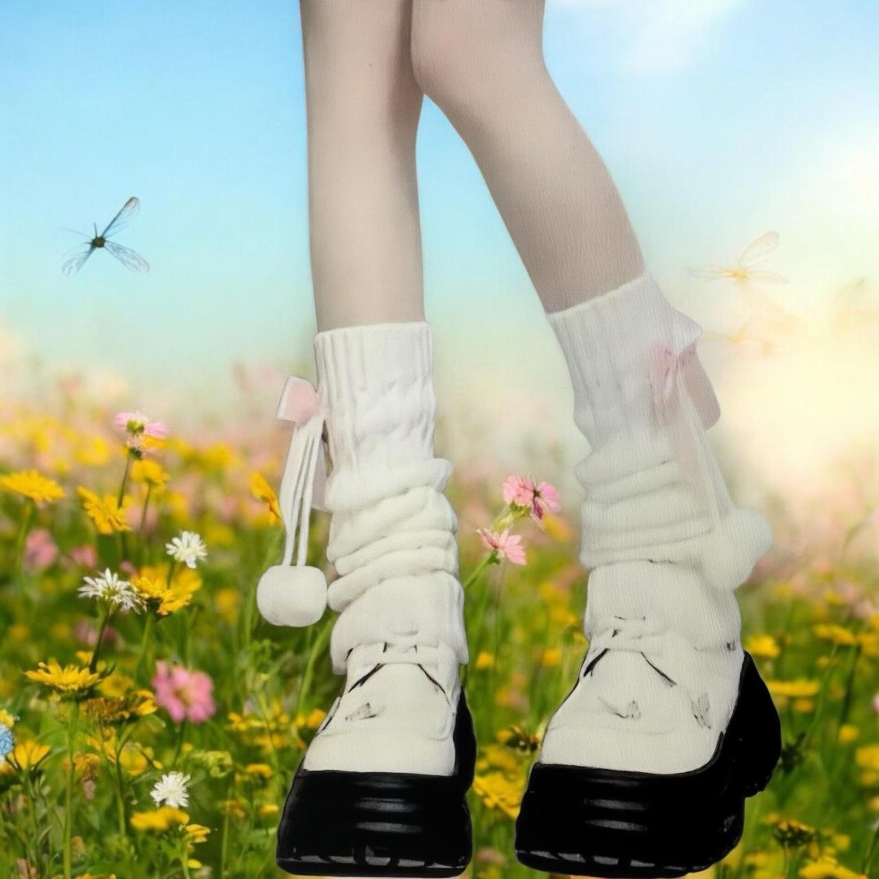 💖 Harajuku Kawaii Ribbed PINK Bow Pom-Pom Leg... | Depop