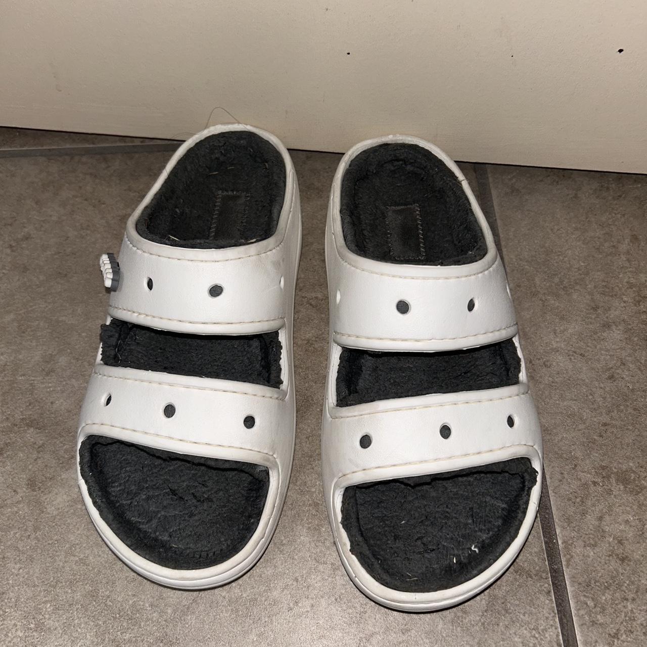 Women’s White and grey fur Crocs sandals - Depop