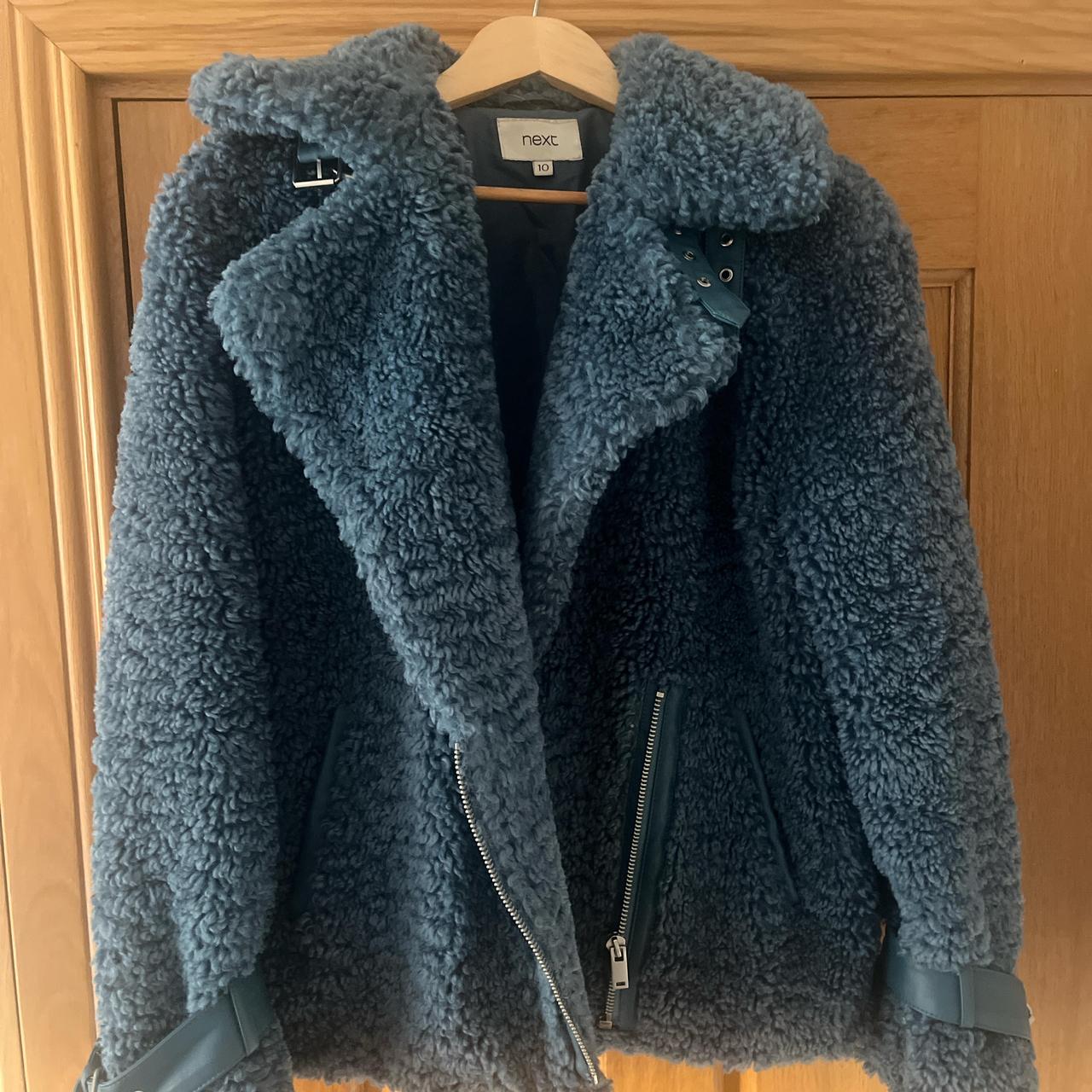Blue teddy coat with leather trim and pockets... - Depop