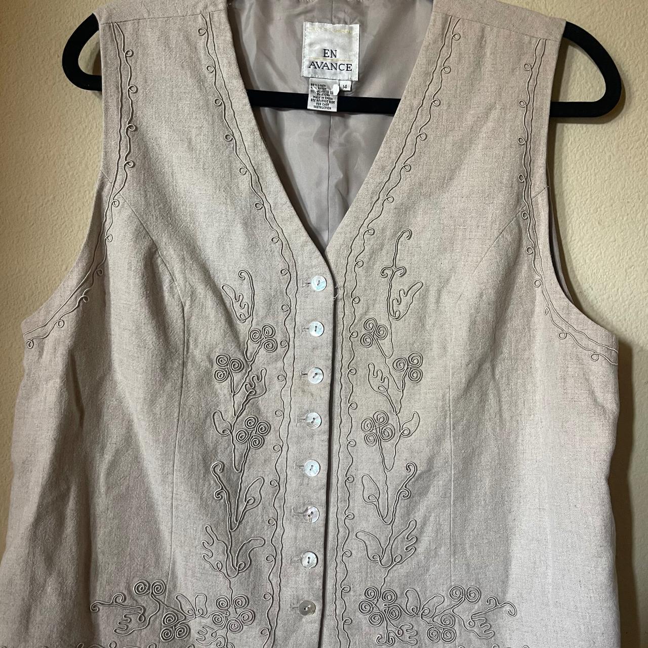 Cream linen vest with a beautiful floral stitch... - Depop