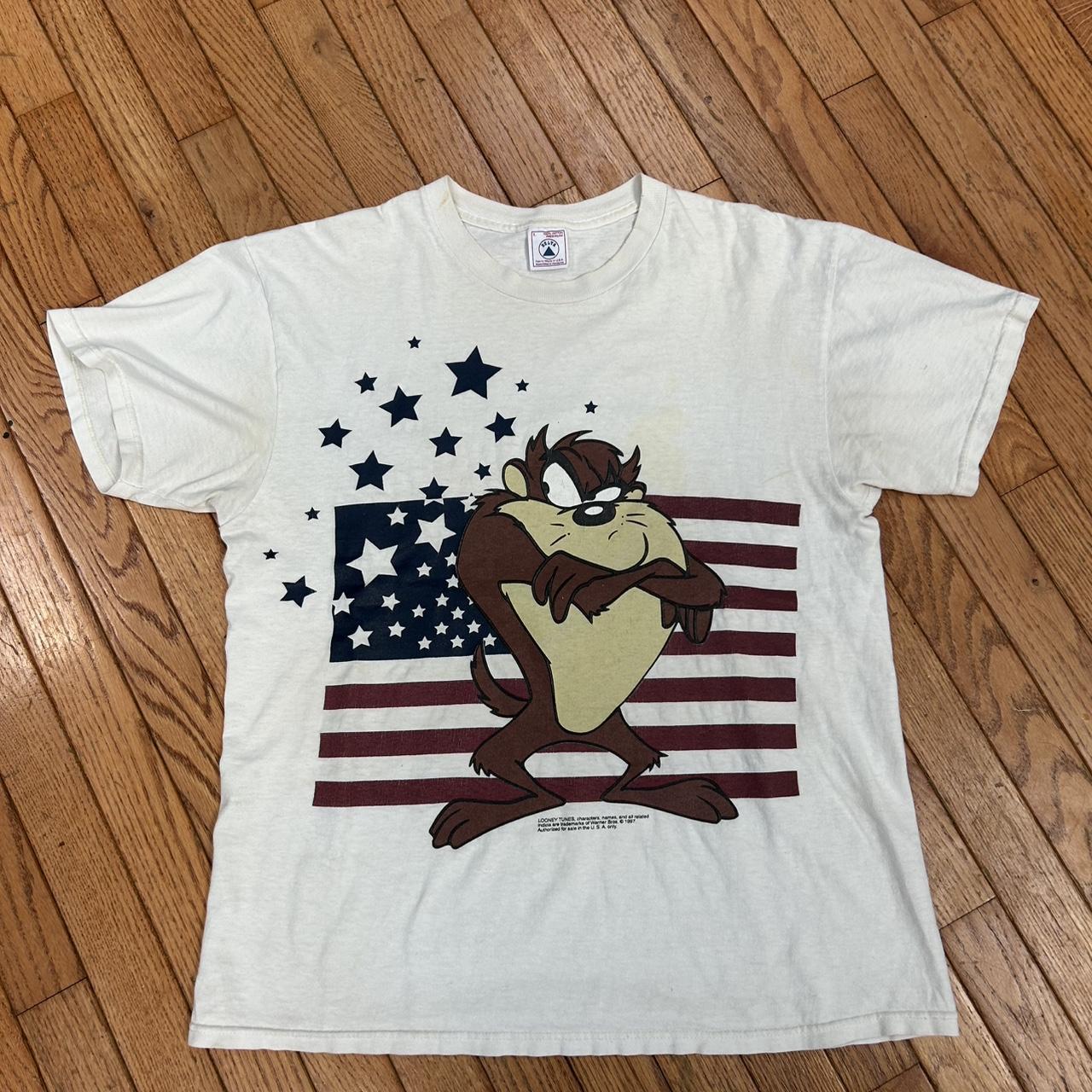 vintage 1997 taz american flag t shirt all stains... | Depop
