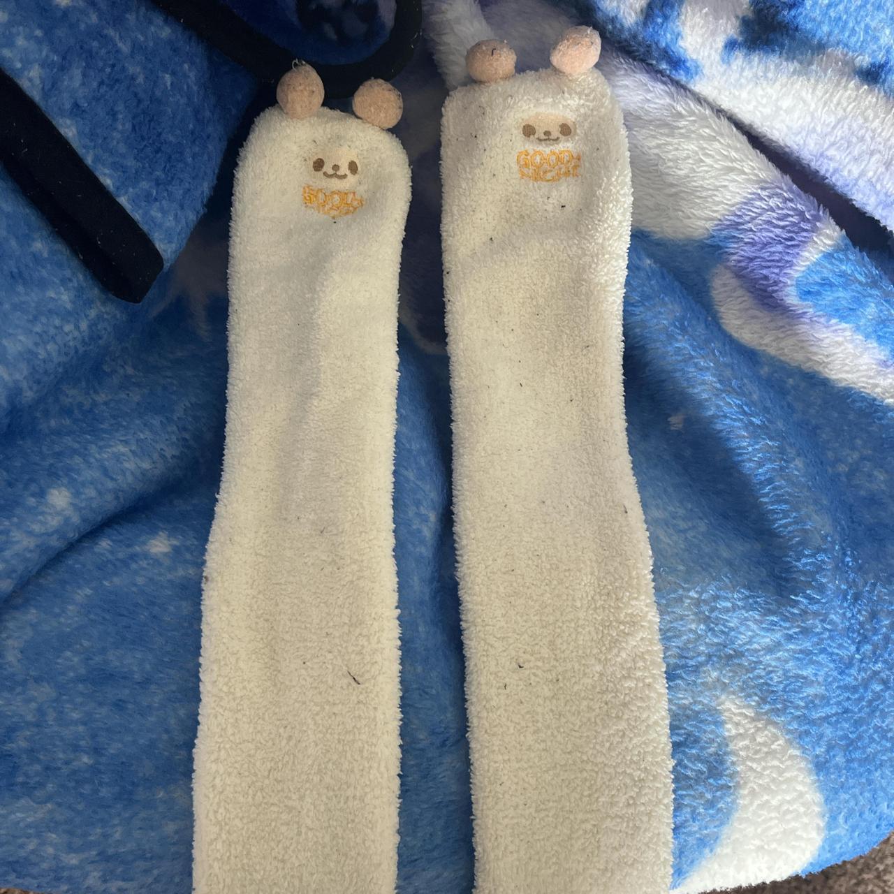 white and cream panda knee high socks #cutecore #kawaii - Depop