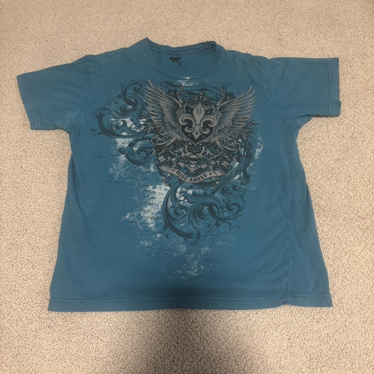 light blue affliction type y2k grunge design route... | Depop