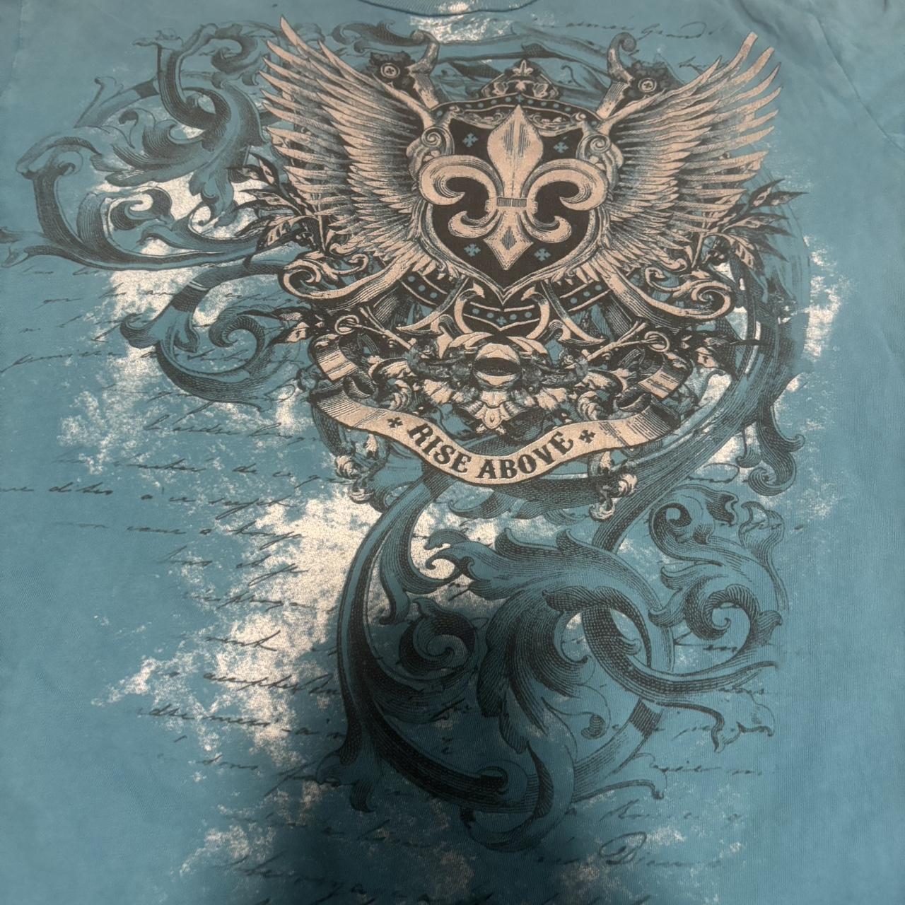 light blue affliction type y2k grunge design route... | Depop